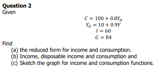 Solved Question 2 Given C = 100+ 0.8Yd Ya = 10 + 0.9Y I = 60 | Chegg.com