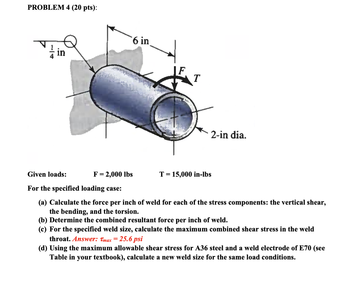 PROBLEM 4 (20 pts): Given loads: F=2,000 lbs T=15,000 | Chegg.com