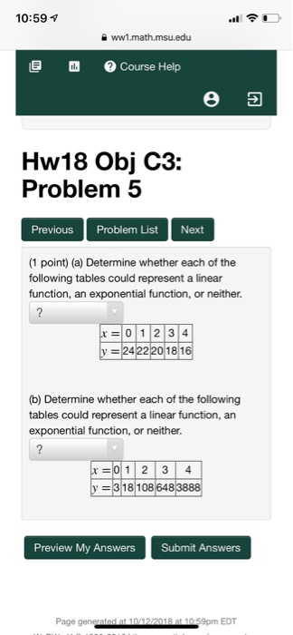 Solved 10:59 1 ww1.math.msu.edu 旦 m @Course Help Hw18 Obj | Chegg.com