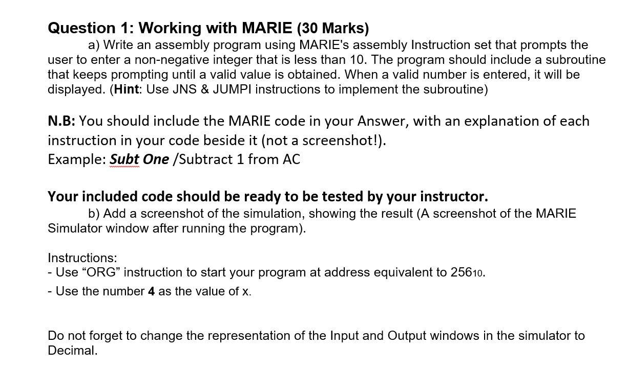 Solved Question 1: Working with MARIE (30 Marks) a) Write an | Chegg.com