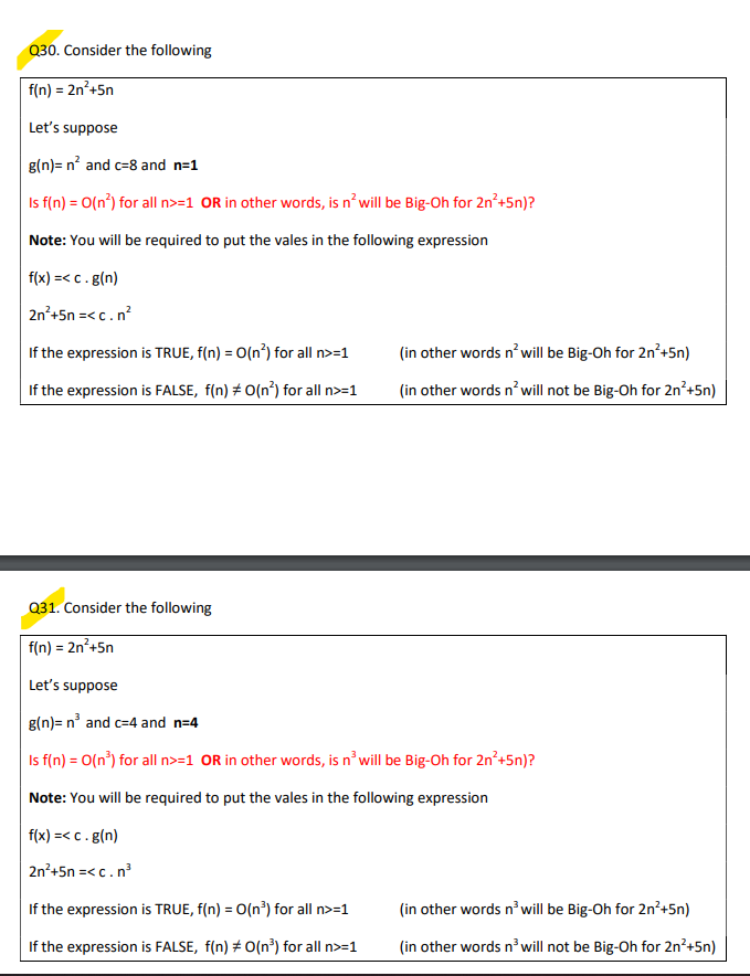 Solved Q30. Consider the following f(n) = 2n²+5n Let's | Chegg.com
