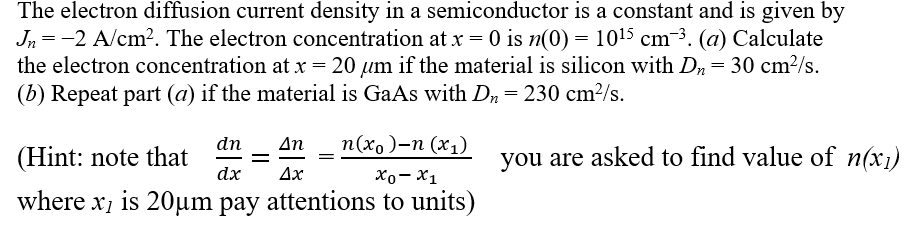 Solved The electron diffusion current density in a | Chegg.com