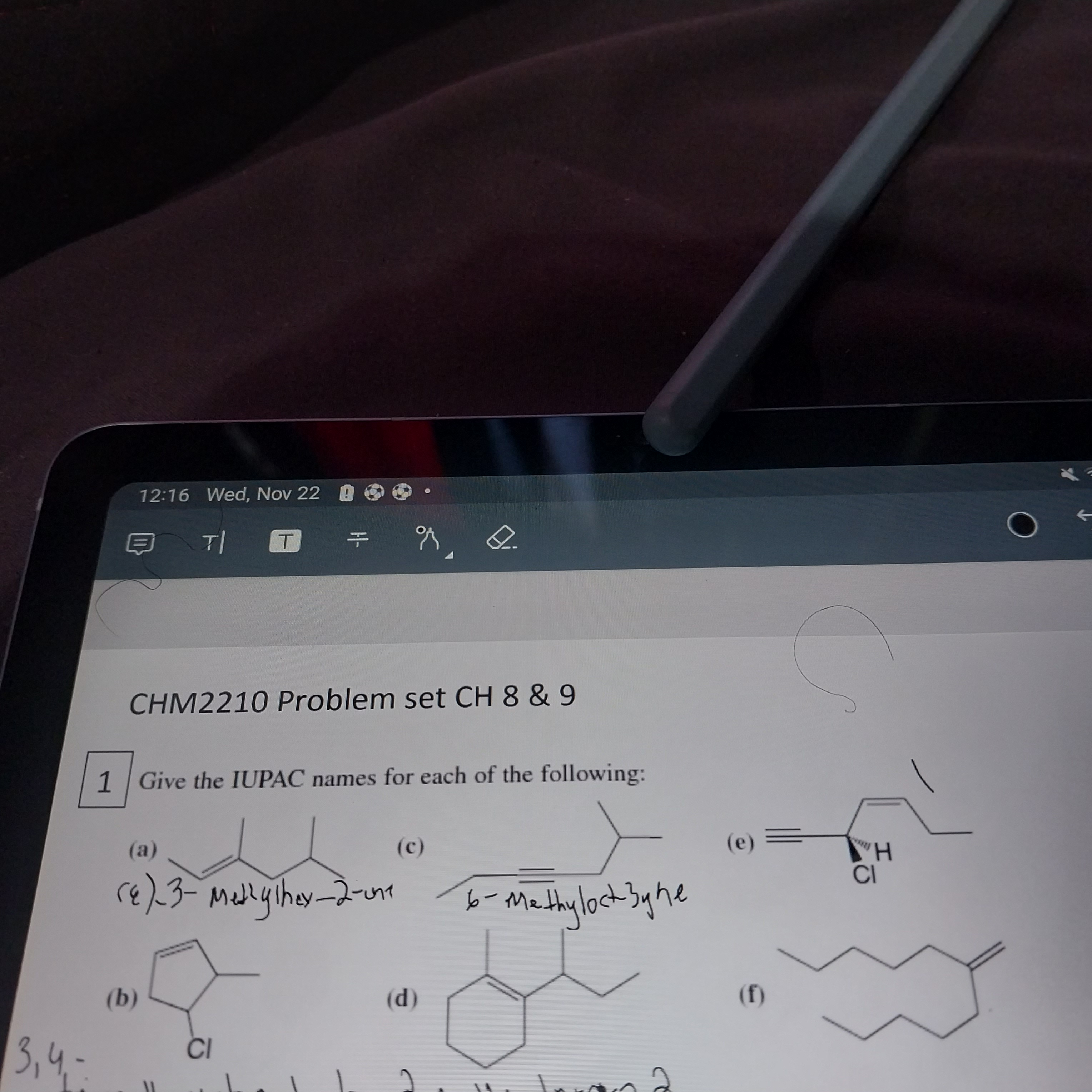 Solved CHM2210 ﻿Problem set CH8 ﻿& 91 ﻿Give the IUPAC names | Chegg.com