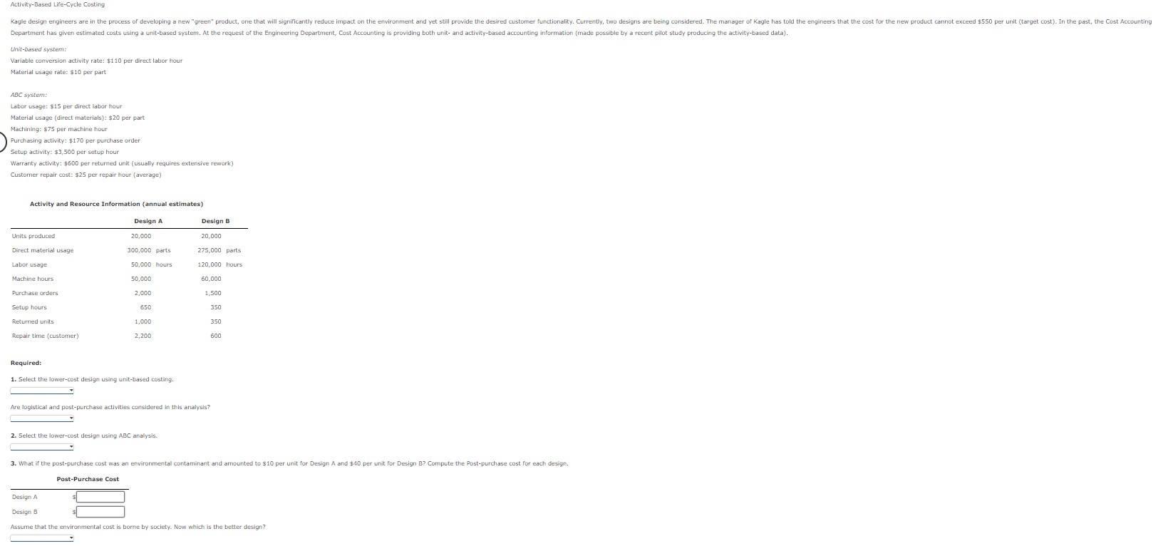 Solved Activity-Based Life-Cycle CostingUnit-based | Chegg.com
