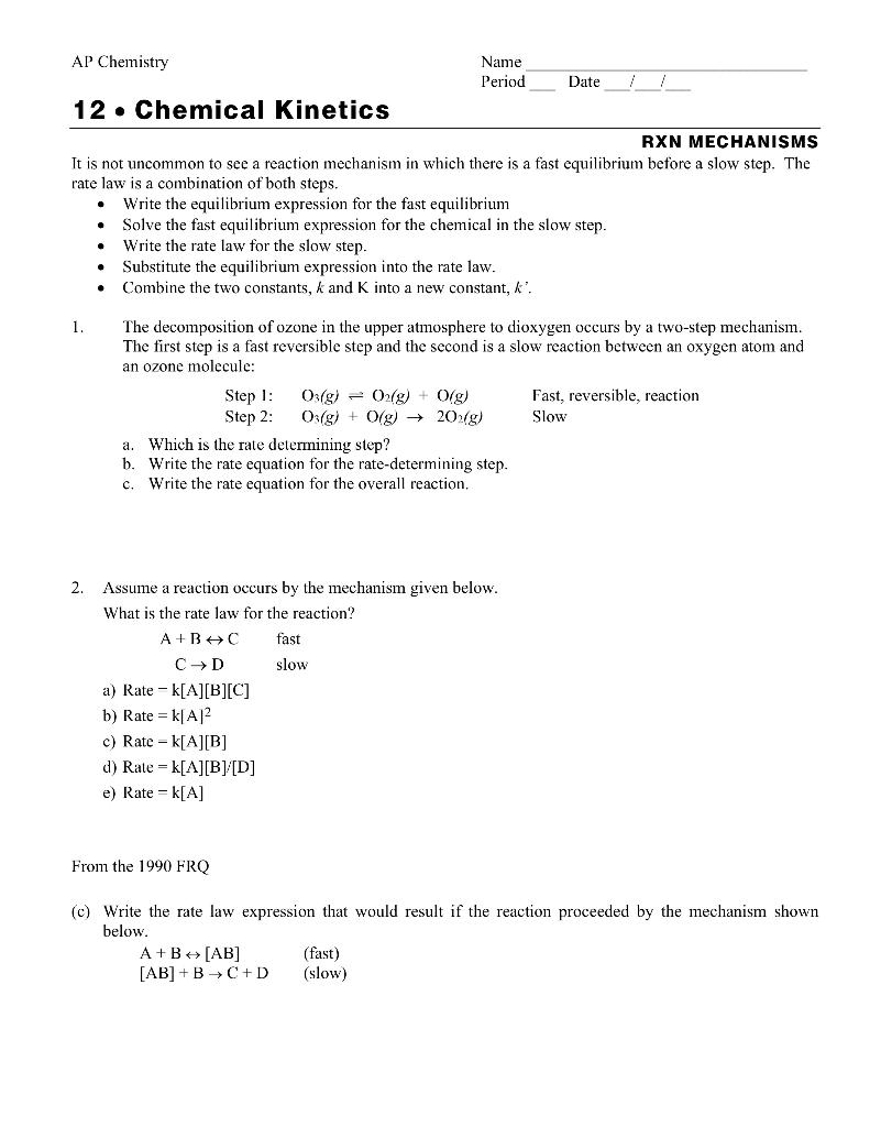 Solved AP Chemistry Name Period Date 12. Chemical Kinetics | Chegg.com