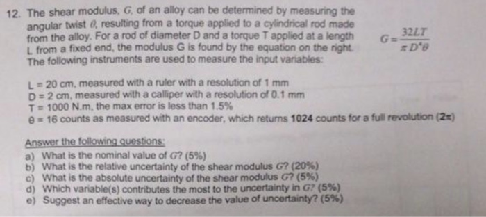 Solved 12. The shear modulus, G, of an alloy can be | Chegg.com
