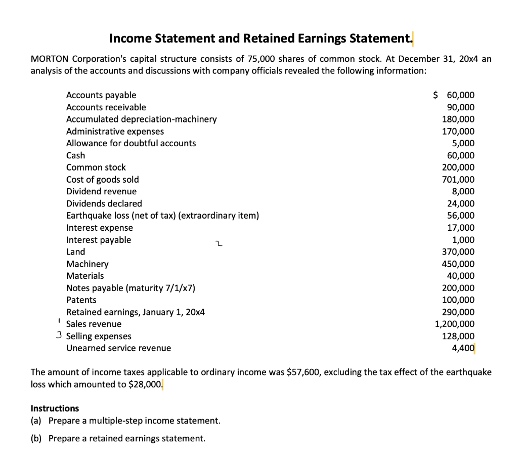 Solved Income Statement and Retained Earnings Statement. I I | Chegg.com