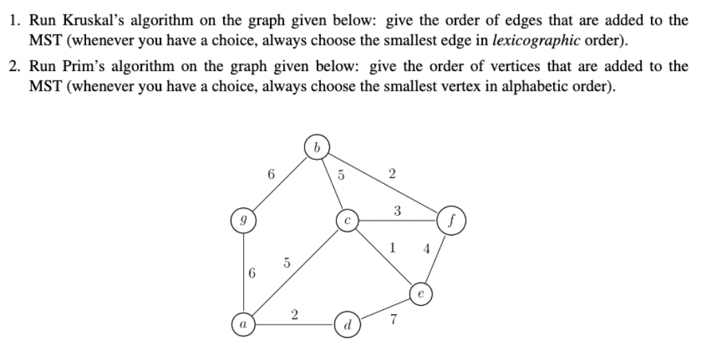 Solved 1. Run Kruskal's algorithm on the graph given below: | Chegg.com
