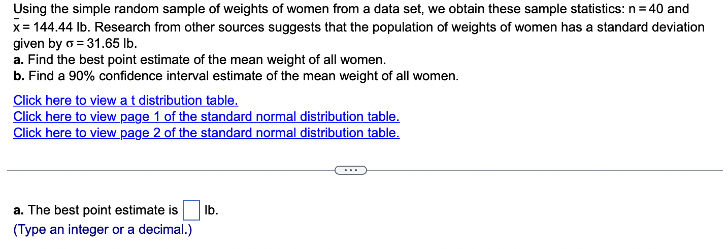 Solved Using the simple random sample of weights of women | Chegg.com