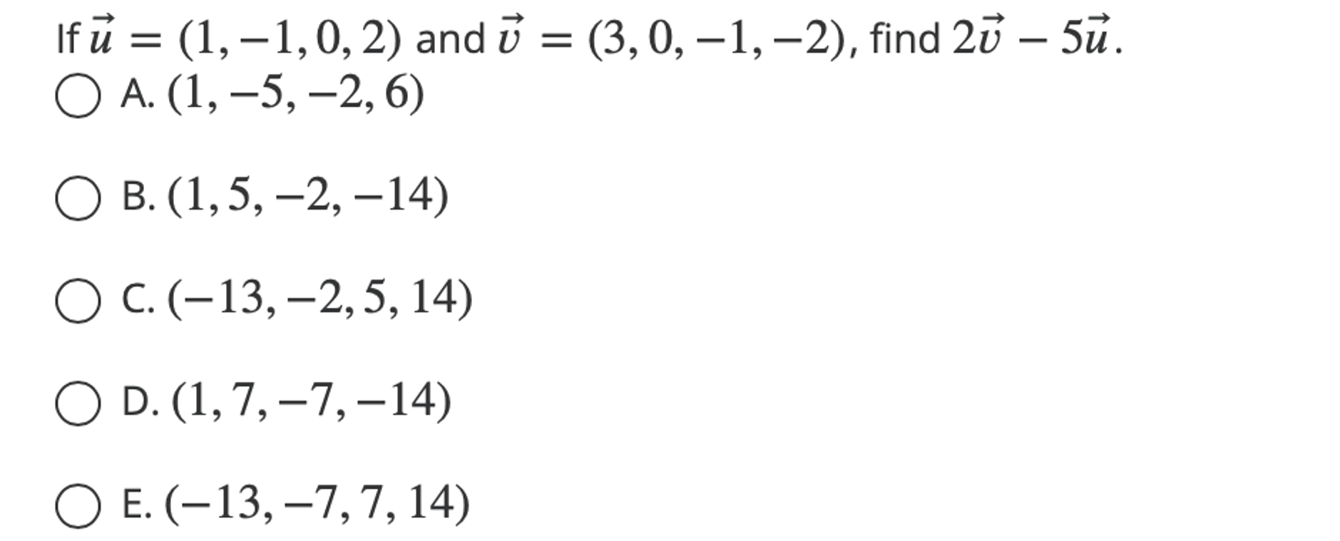 Solved If vec(u)=(1,-1,0,2) ﻿and vec(v)=(3,0,-1,-2), ﻿find | Chegg.com