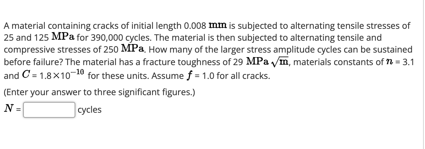 Solved A material containing cracks of initial length 0.008 | Chegg.com