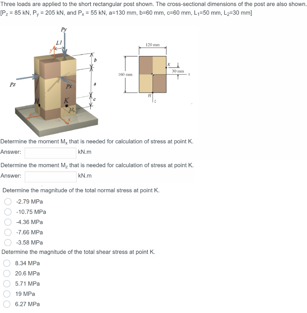 Solved Three loads are applied to the short rectangular post | Chegg.com