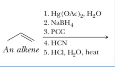 Solved 1. Hg(OAc)2, H2O 2. NaBH4 3. PCC 4. HCN An alkene 5. | Chegg.com