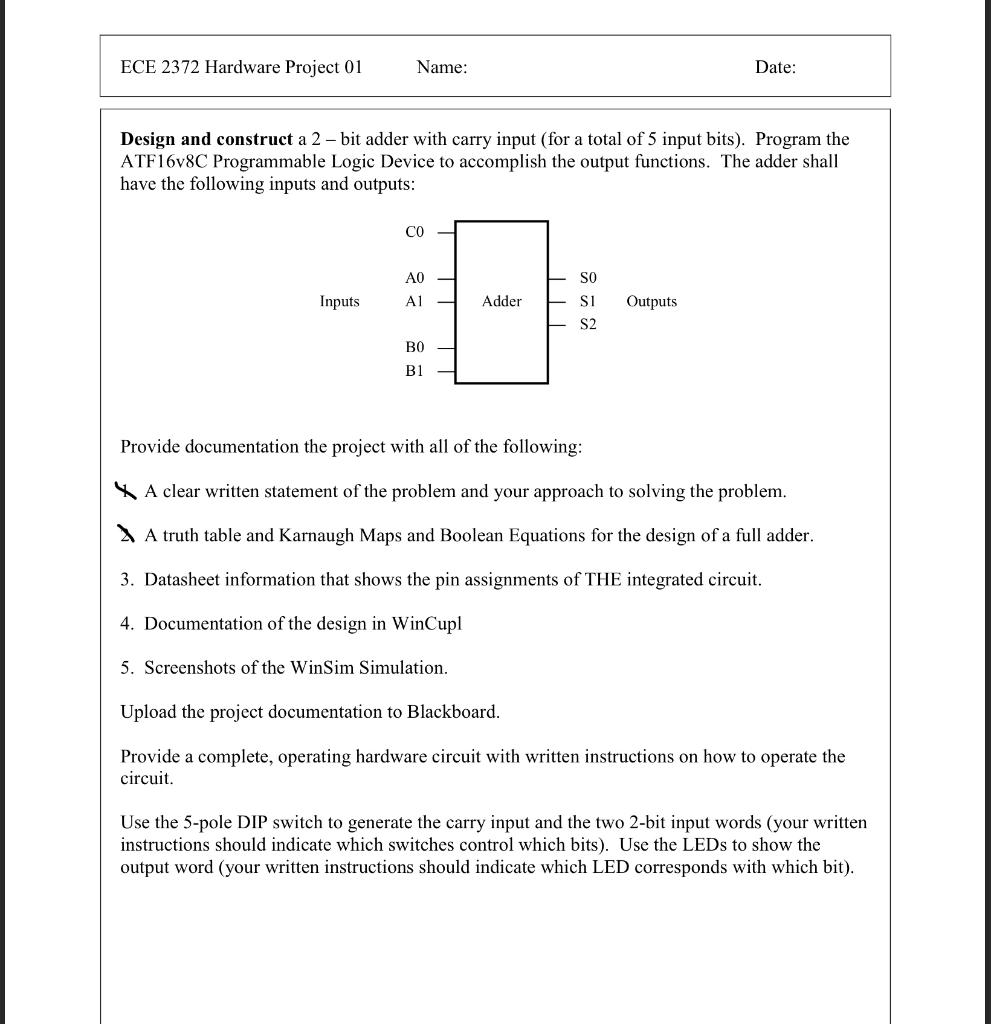 Solved ECE 2372 Hardware Project 01 Name: Date: Design and | Chegg.com