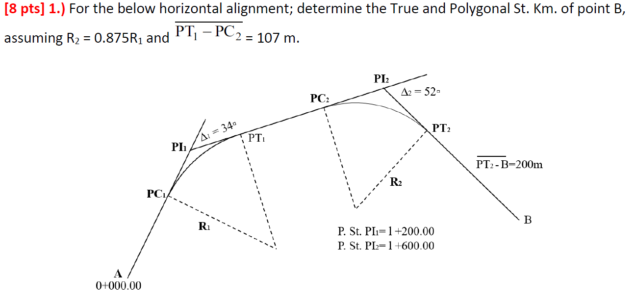 Solved [8 pts] 1.) For the below horizontal alignment; | Chegg.com