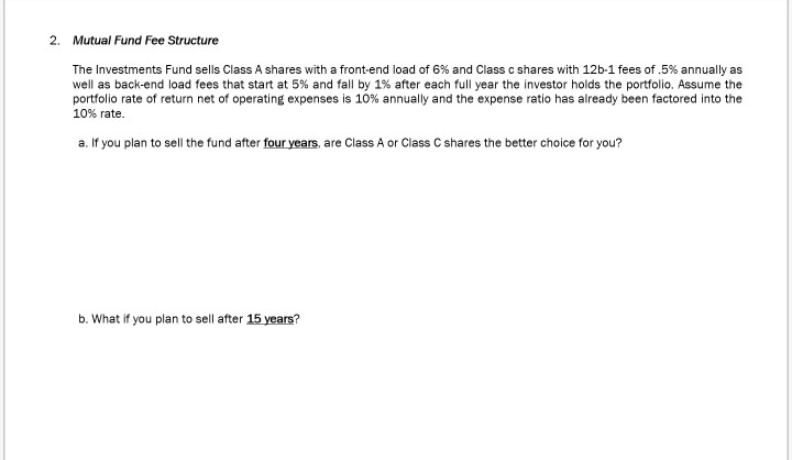 Solved 2. Mutual Fund Fee Structure The Investments Fund | Chegg.com