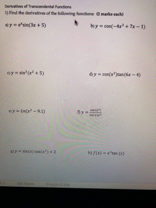 Solved Derivatives of Transcendental Functions 1) Find the | Chegg.com