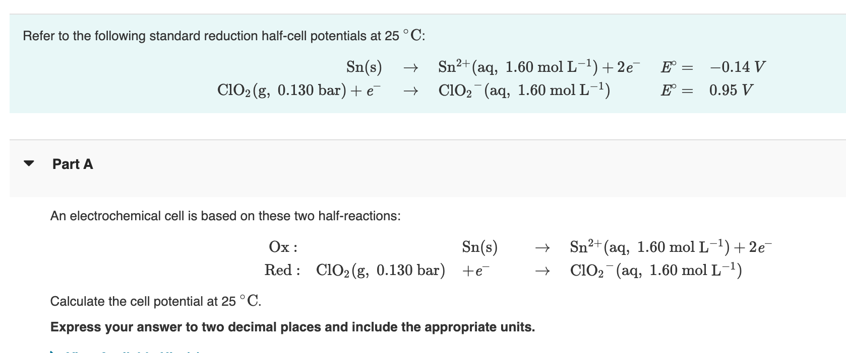 Solved Refer to the following standard reduction half-cell | Chegg.com