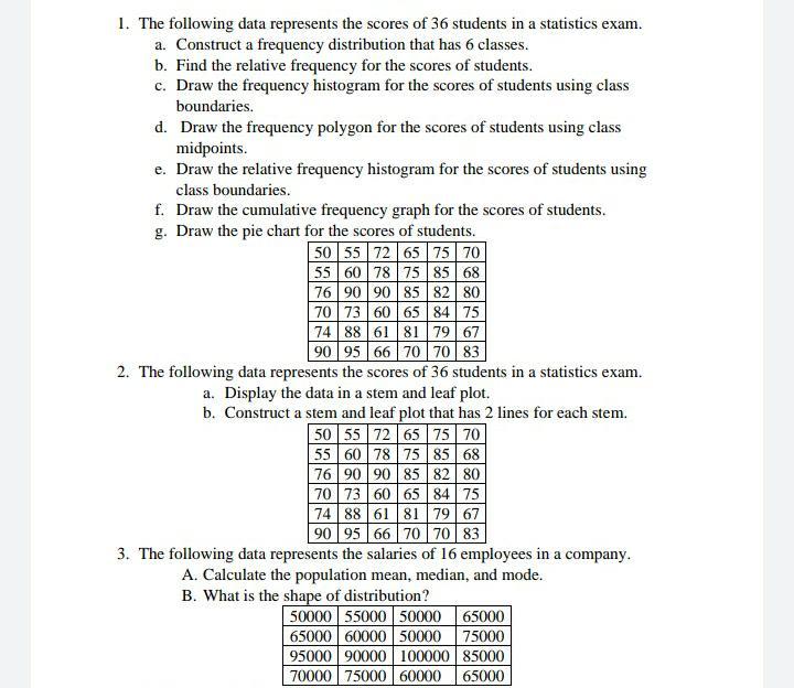 Solved 1. The following data represents the scores of 36 | Chegg.com