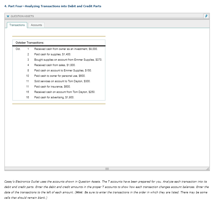 4. Part Four-Analyzing Transactions into Debit and | Chegg.com