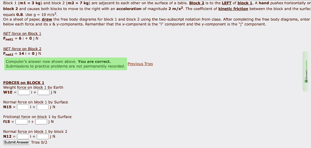 Solved Block 1(m1=3 kg) and block 2(m2=7 kg) are adjacent to | Chegg.com