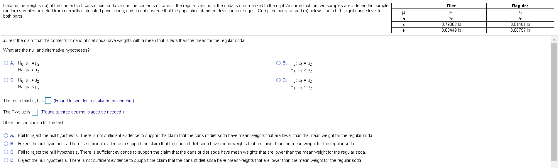Solved Diet Regular Data on the weights (lb) of the contents | Chegg.com