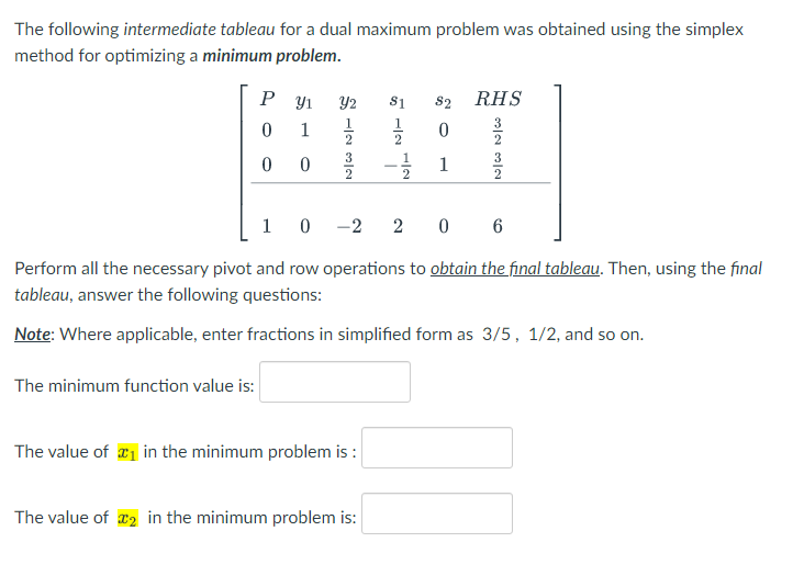 Solved The following intermediate tableau for a dual maximum | Chegg.com