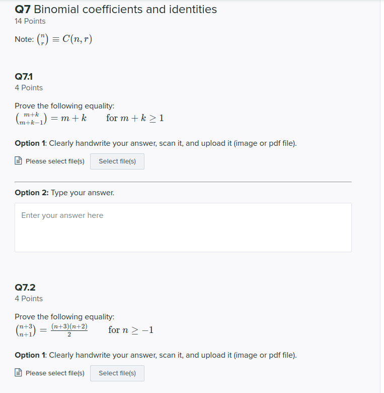 Solved Q7 Binomial coefficients and identities 14 Points | Chegg.com