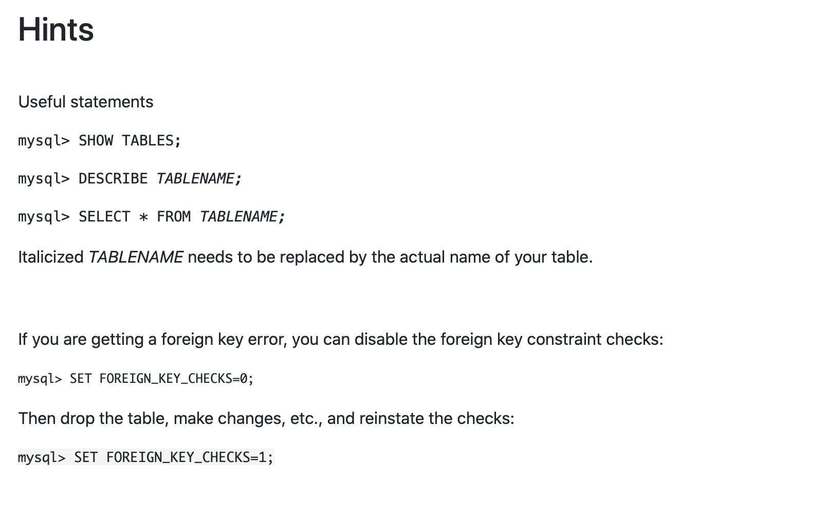 Solved Hints Useful Statements Mysql SHOW TABLES Mysql Chegg