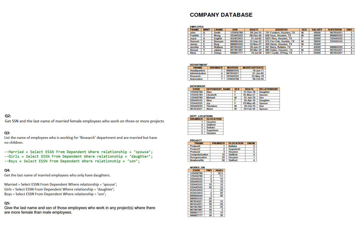 Solved COMPANY DATABASE EMPLOYEE FNAME MINIT LNAME SSN | | Chegg.com