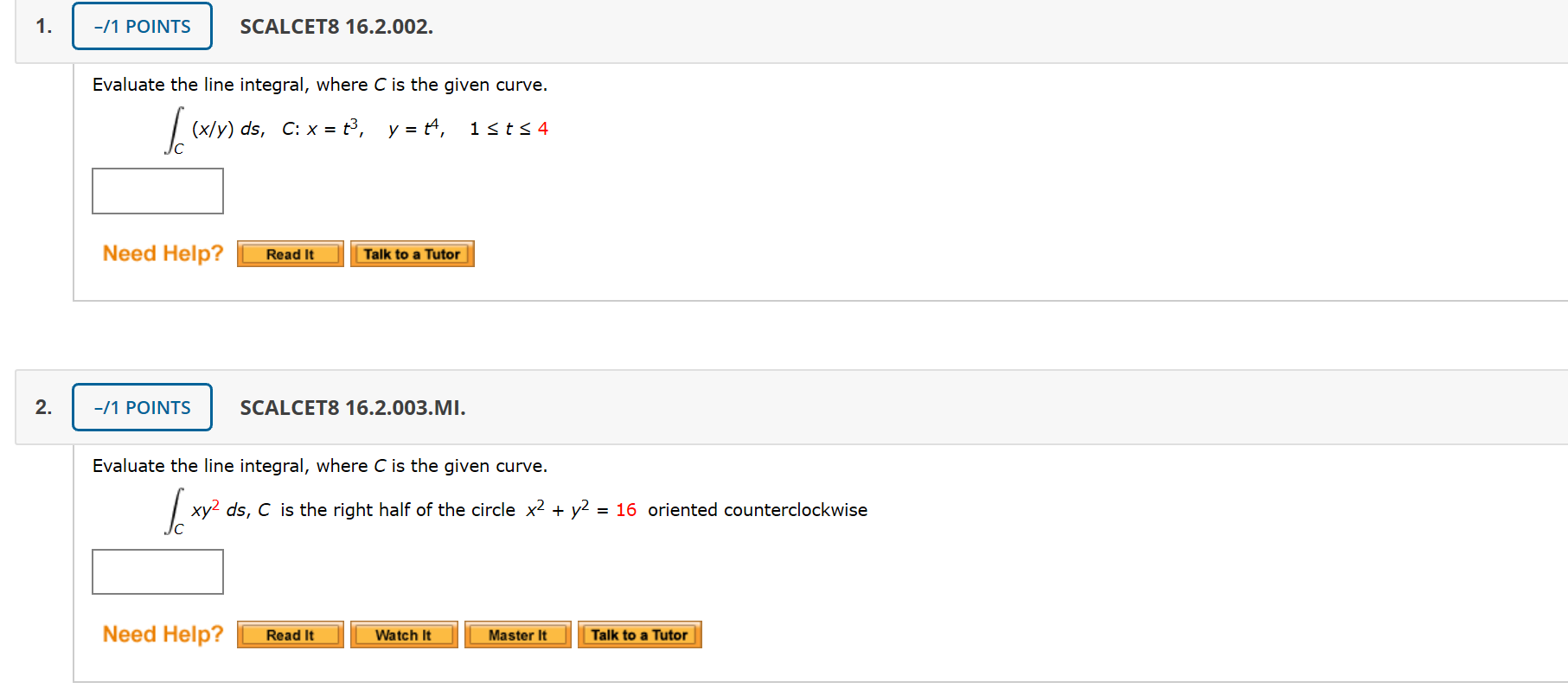 Solved | -/1 POINTS SCALCET8 16.2.002. Evaluate the line | Chegg.com