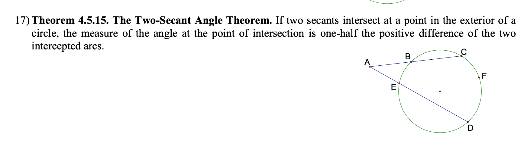 Solved 17) Theorem 4.5.15. The Two-Secant Angle Theorem. If | Chegg.com