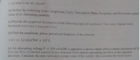 Solved 3. (a) what is an AC circuit? (b) Define the | Chegg.com