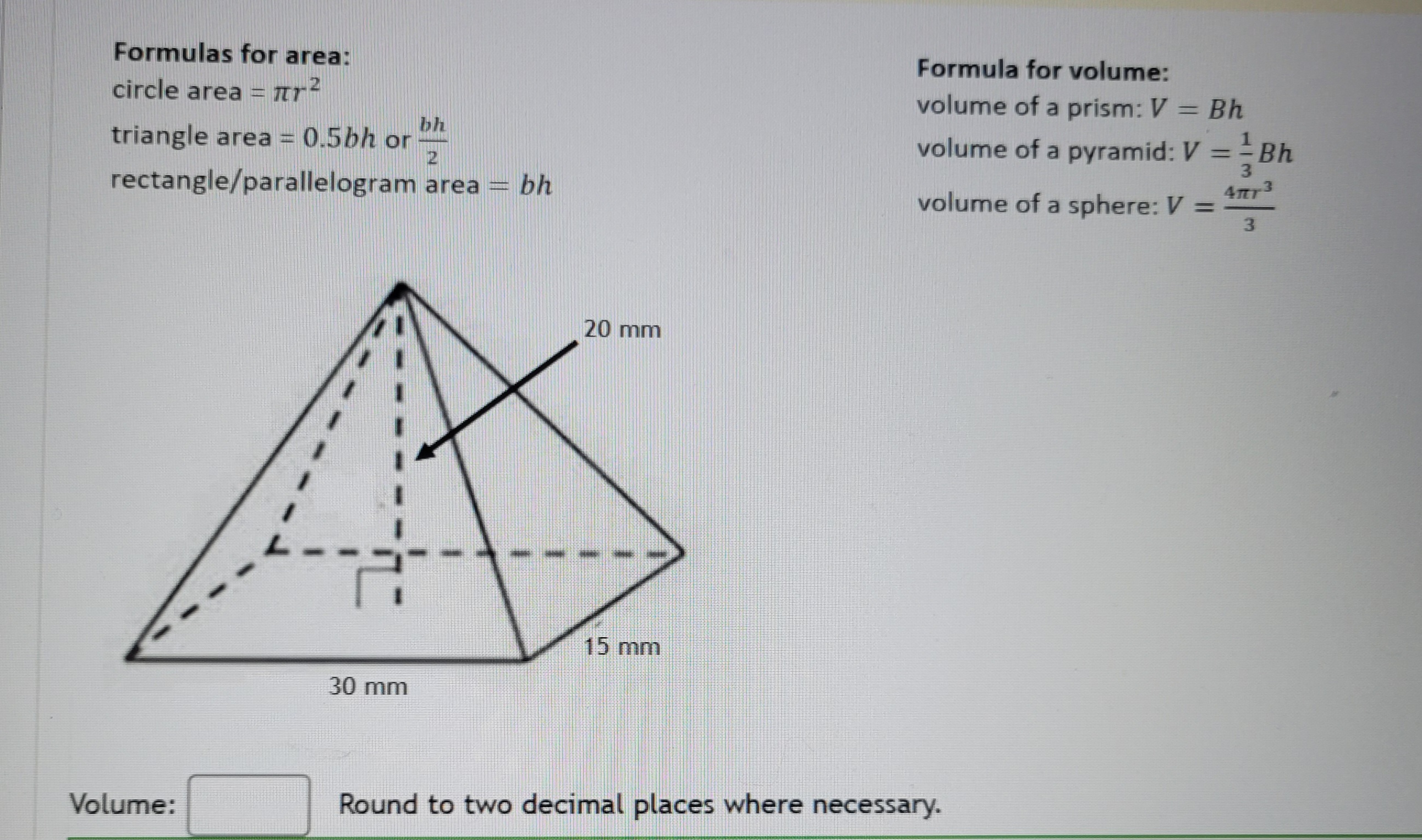 Solved Formulas for area:circle area =πr2Formula for | Chegg.com