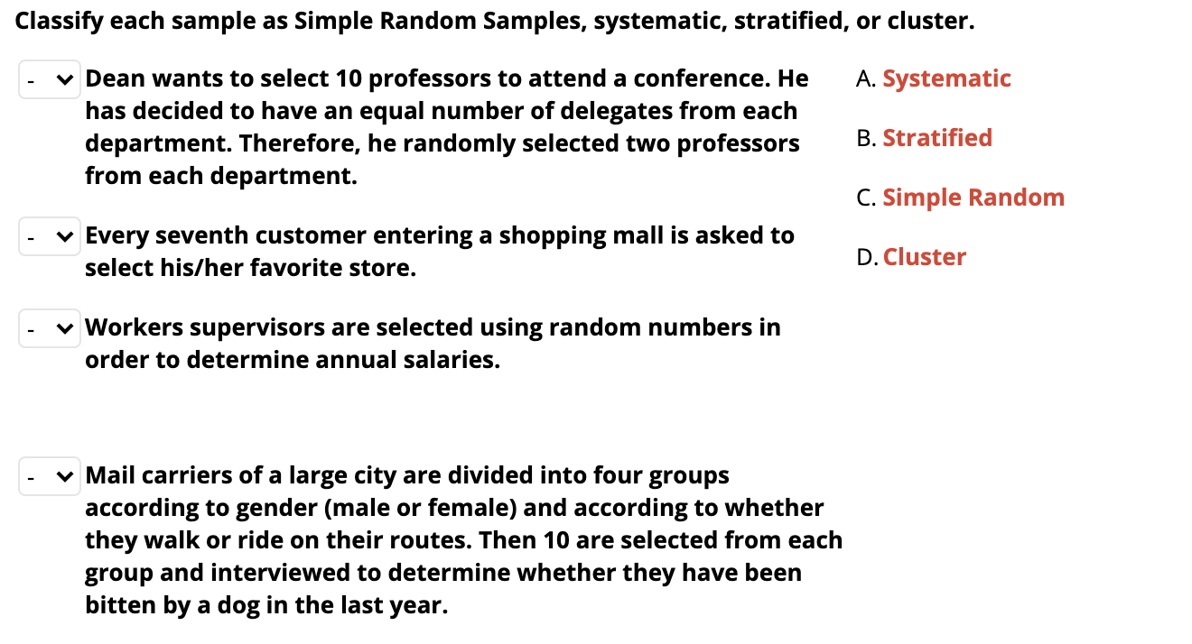 Solved Classify each sample as Simple Random Samples, | Chegg.com
