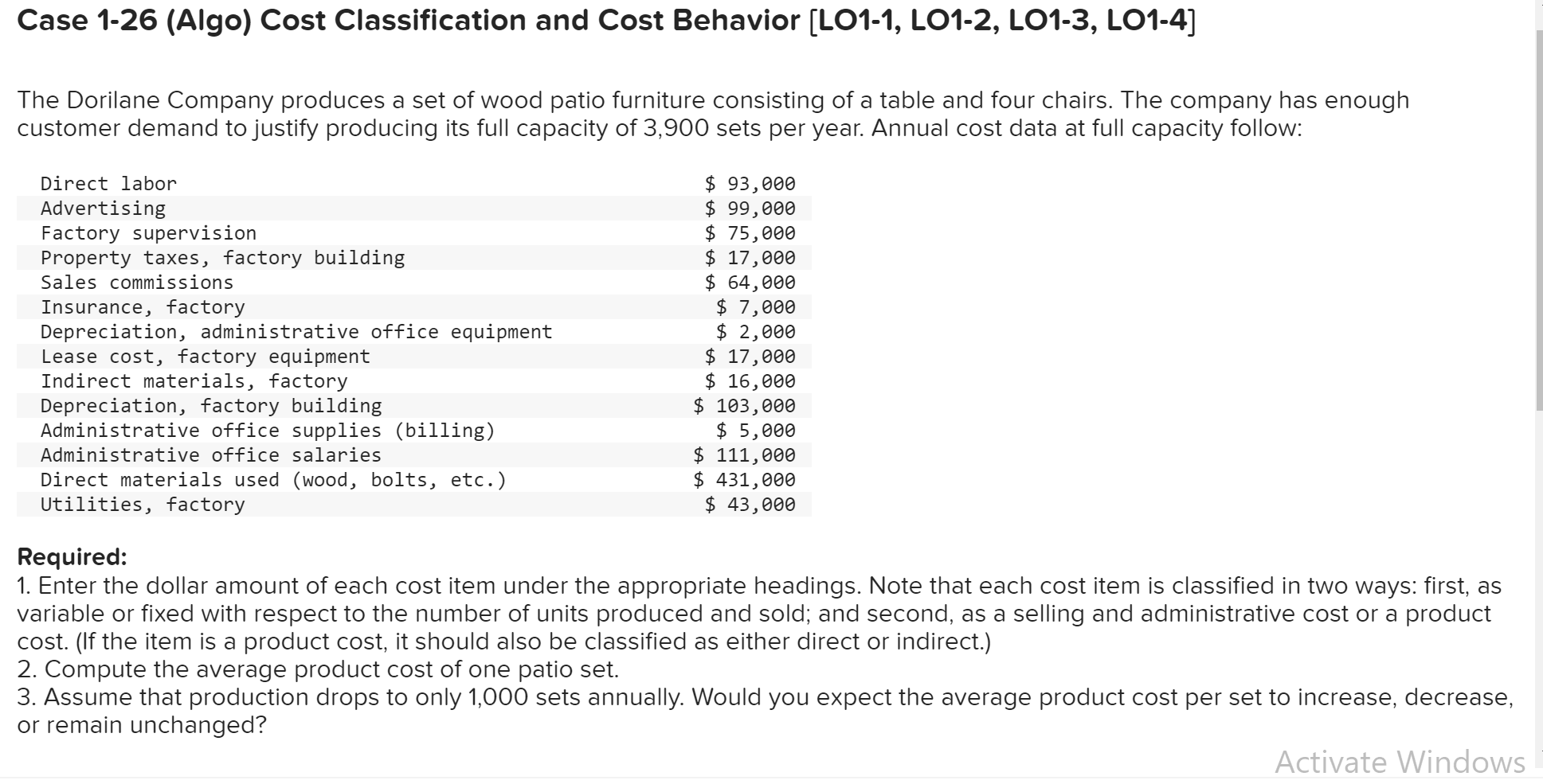 Solved Case 1-26 (Algo) Cost Classification and Cost | Chegg.com