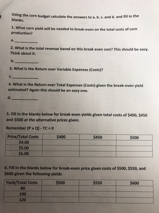Solved Corn Enterprise Budget PRICE OR TOTAL A. REVENUE B. | Chegg.com