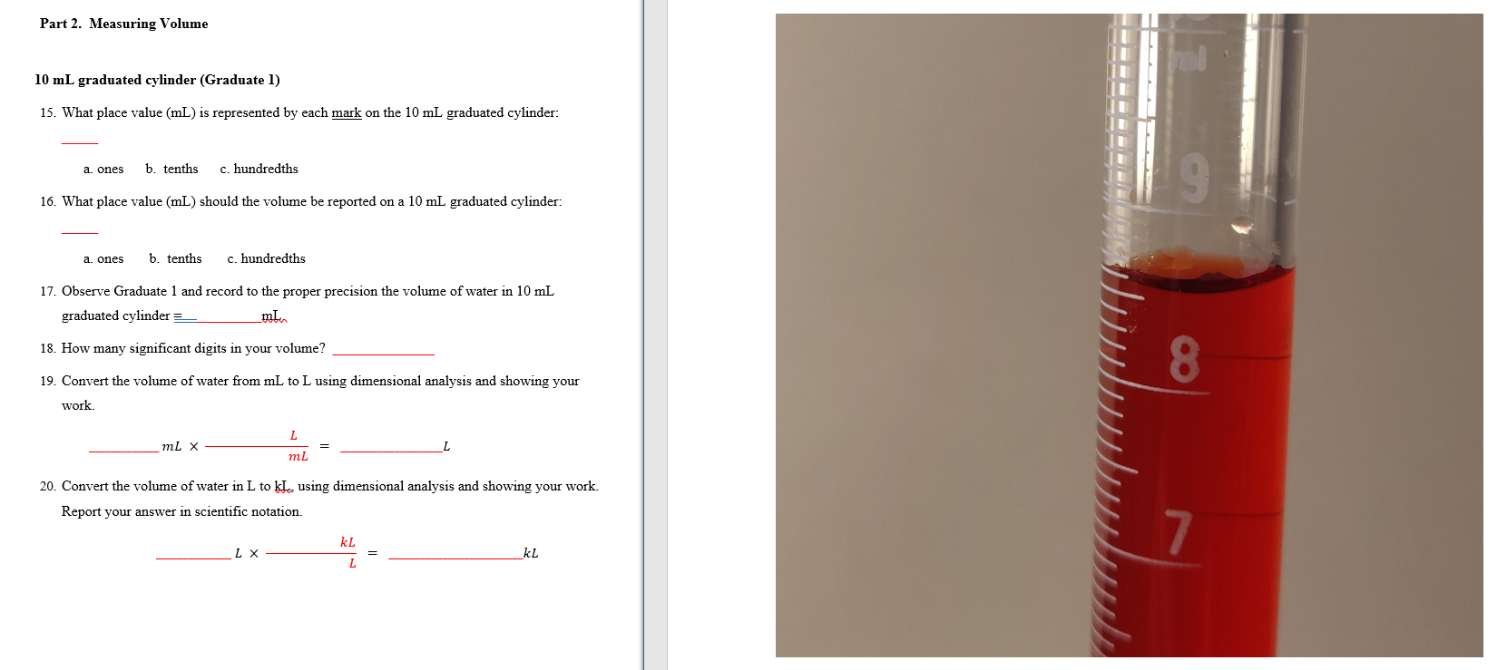 Solved Part 2. Measuring Volume 10 mL graduated cylinder | Chegg.com
