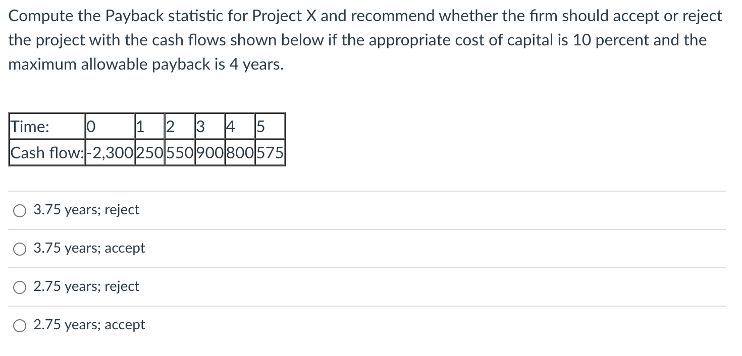 Solved Compute the Payback statistic for Project X and | Chegg.com