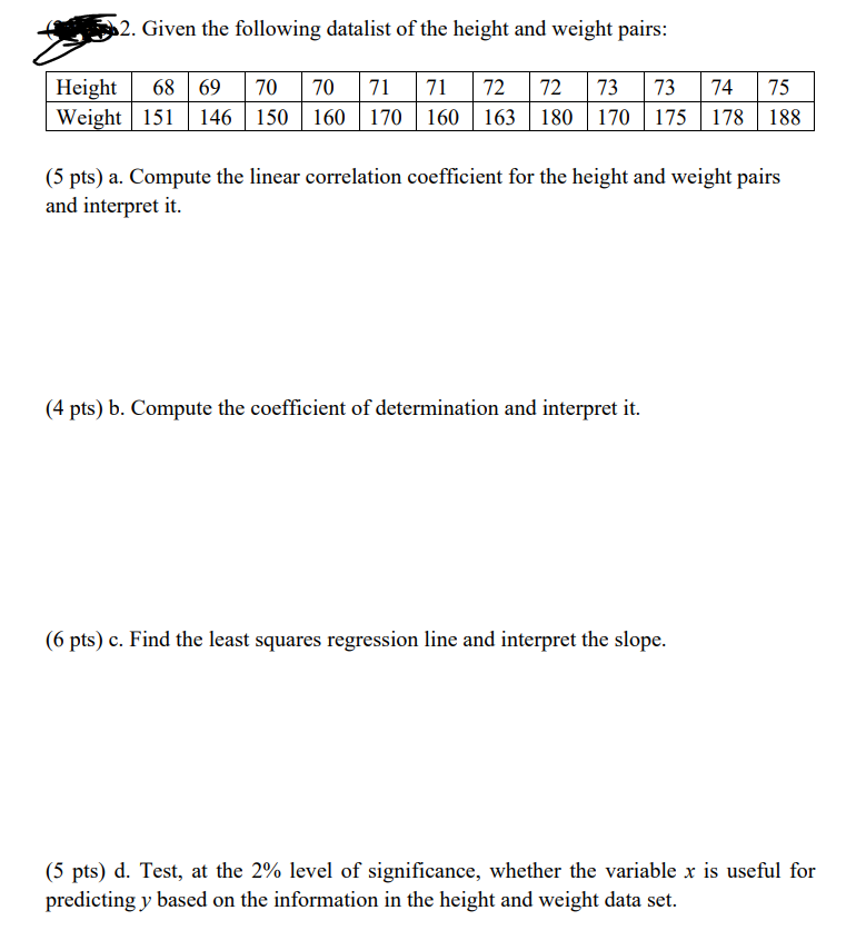 Solved Given the following datalist of the height and weight | Chegg.com