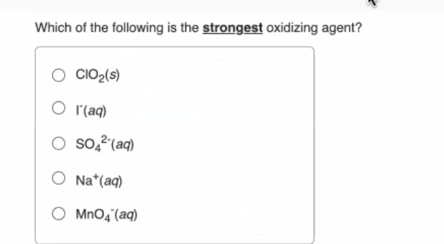 Solved Which of the following is the strongest oxidizing | Chegg.com