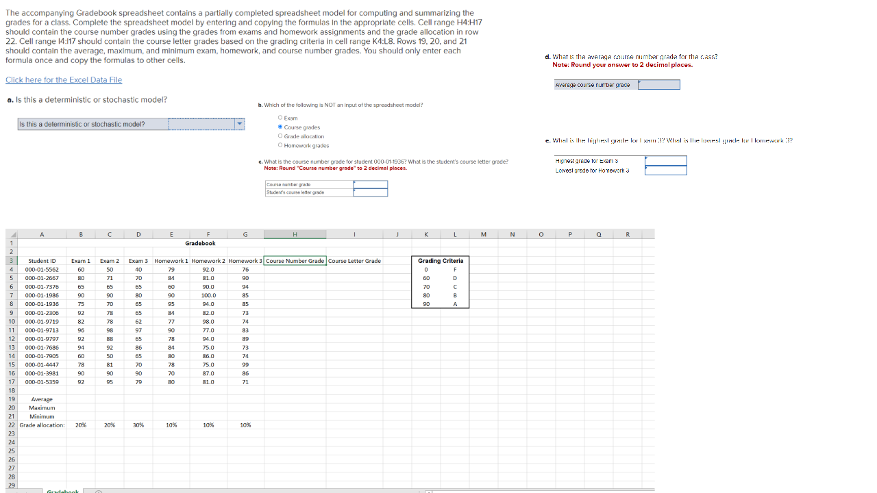 Solved The accompanying Gradebook spreadsheet contains a | Chegg.com