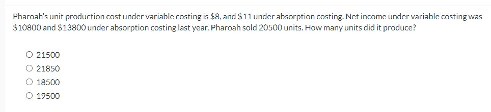Solved Pharoah's unit production cost under variable costing | Chegg.com