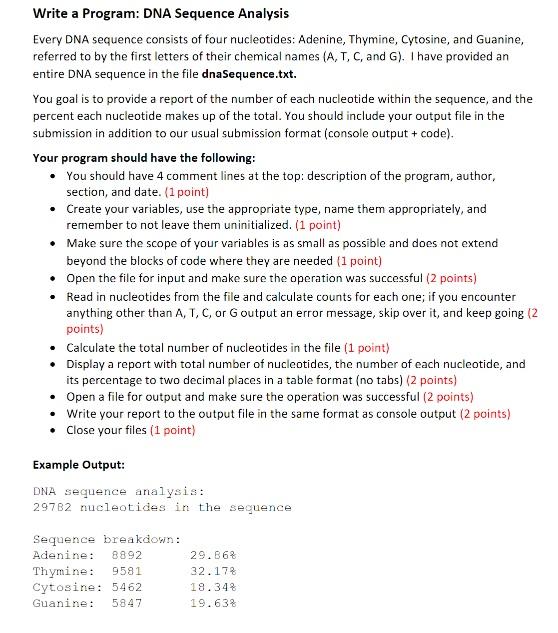 Solved Write a Program: DNA Sequence Analysis Every DNA | Chegg.com