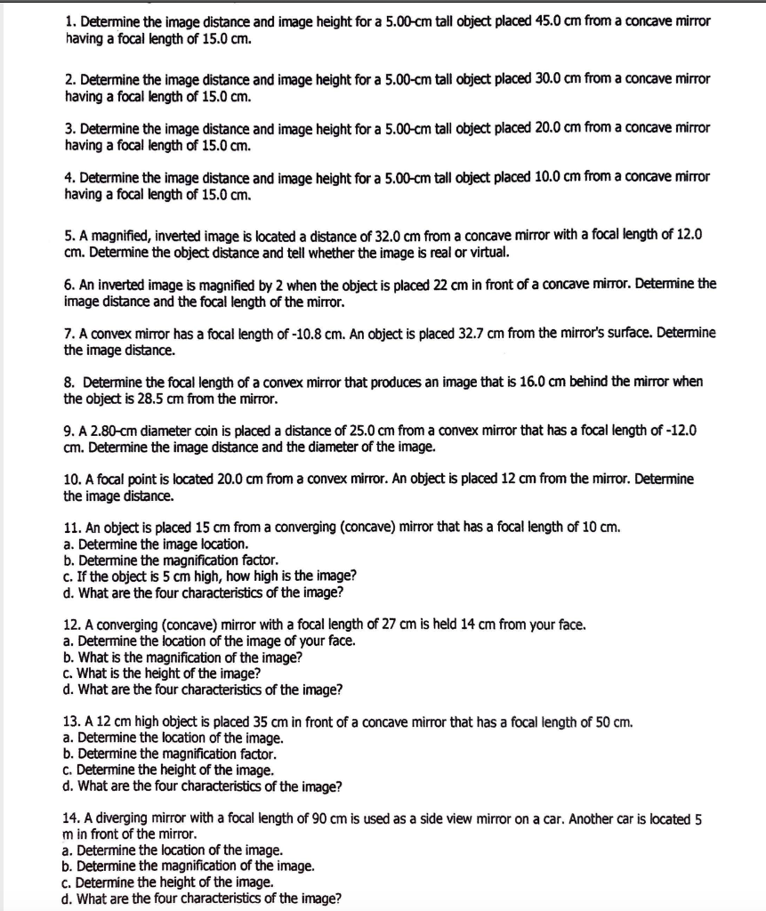 Solved 1. Determine the image distance and image height for | Chegg.com