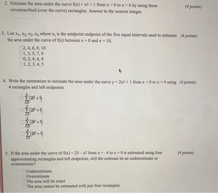 Solved 2. Estimate the area under the curve fx) x2+1 from x | Chegg.com