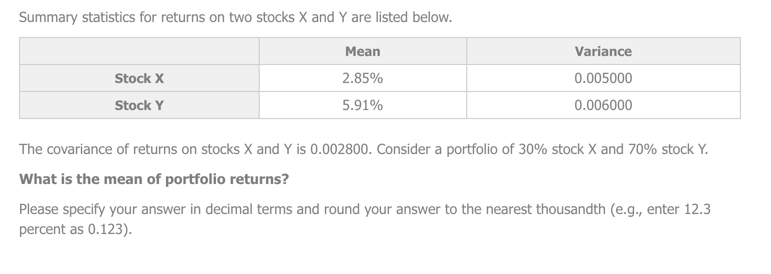 Solved Summary statistics for returns on two stocks X and Y | Chegg.com