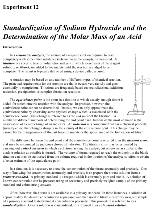 Experiment 12 Standardization of Sodium Hydroxide and | Chegg.com