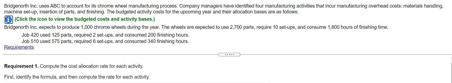 Solved Bridgenorth Inc. uses ABC to account for its chrome | Chegg.com