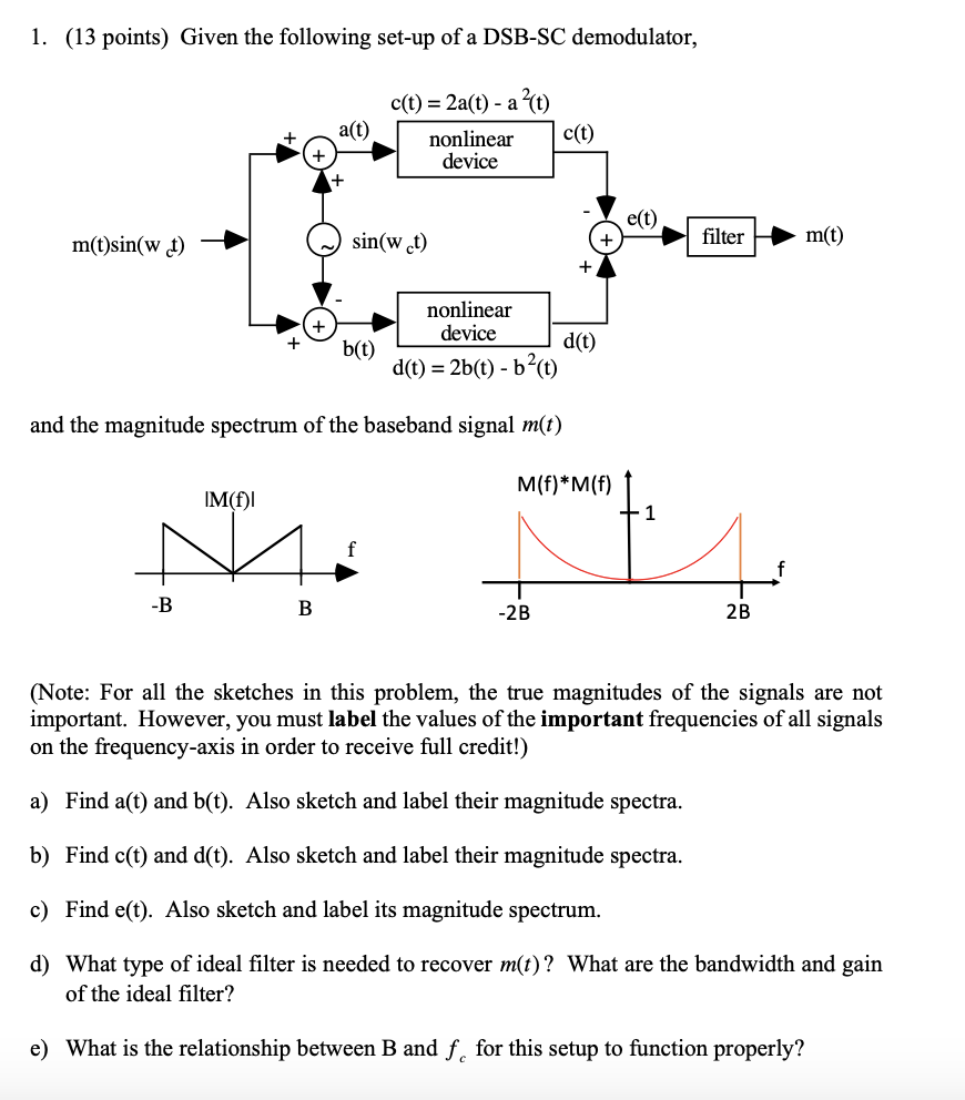 1. (13 points) Given the following set-up of a DSB-SC | Chegg.com
